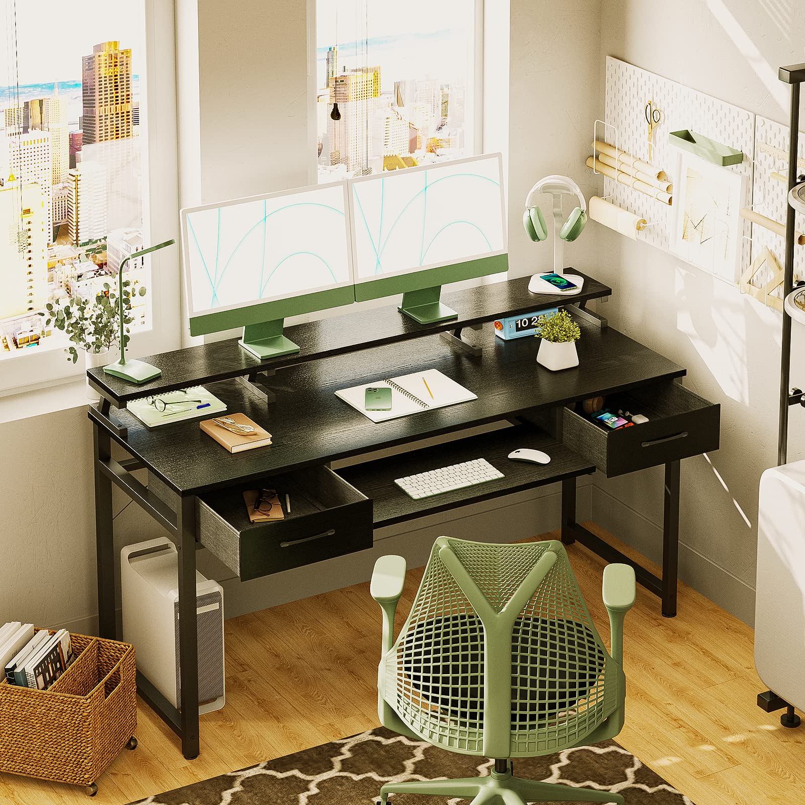 ODK Computer Desk Study Table, 63 Inch Office Desk with Drawers and Keyboard Tray, Study Desk Work Desk with Monitor Shelf, Writing Desk with Storage for Home Office, Black