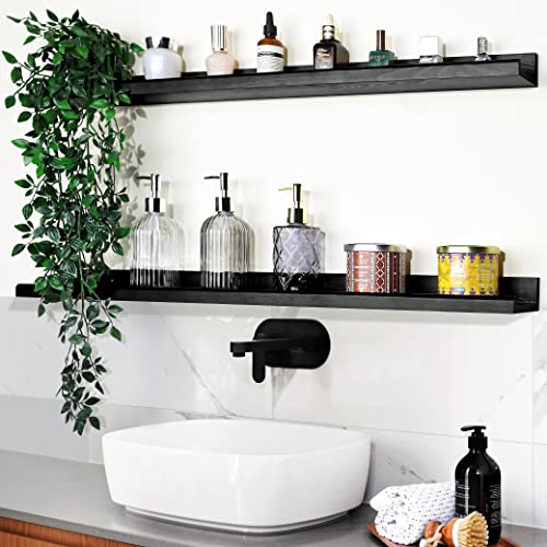 Annecy Floating Shelves Wall Mounted Set of 3, 36 Inch Black Rustic Wood Shelves for Wall, Wall Storage Shelves with Guardrail Design for Bedroom, Bathroom, Kitchen, Office, 3 Different Sizes