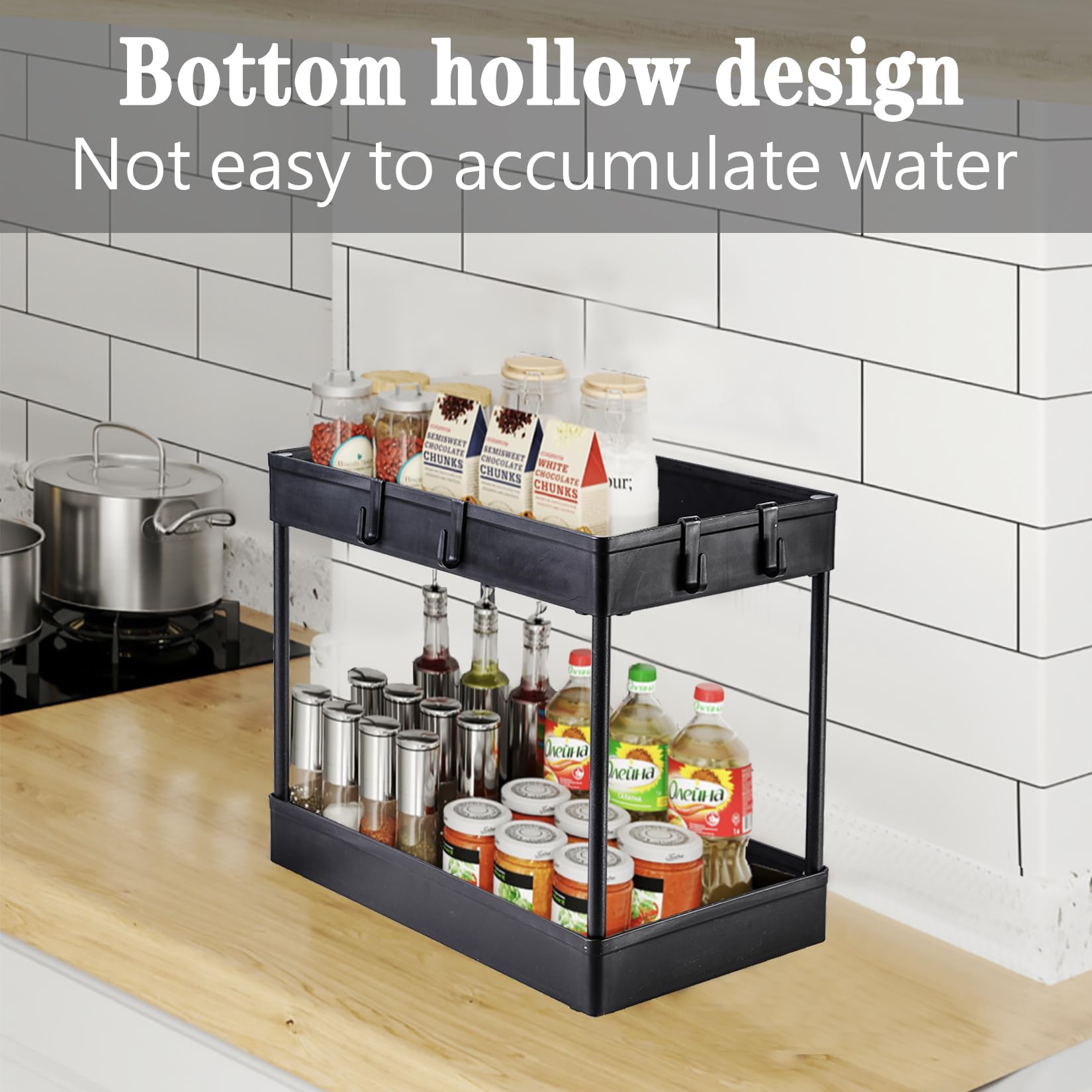 2 pcs under sink organizers and storage,2 Tier cabinet organizer,under sink organizer with 8 Hooks for Bathroom Kitchen,Black.