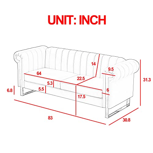 83" Modern Chesterfield Sofa, Melpomene Velvet Sofa Couch with Flared Arms and Removable Cushions for Living Room Bedroom(Beige)