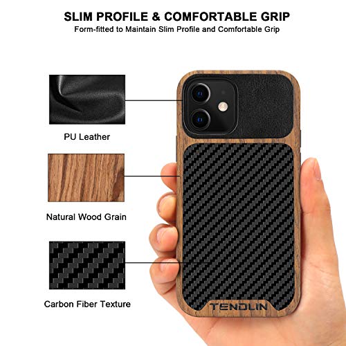 TENDLIN Compatible with iPhone 12 Mini Case Wood Grain with Carbon Fiber Texture Design Leather Hybrid Case
