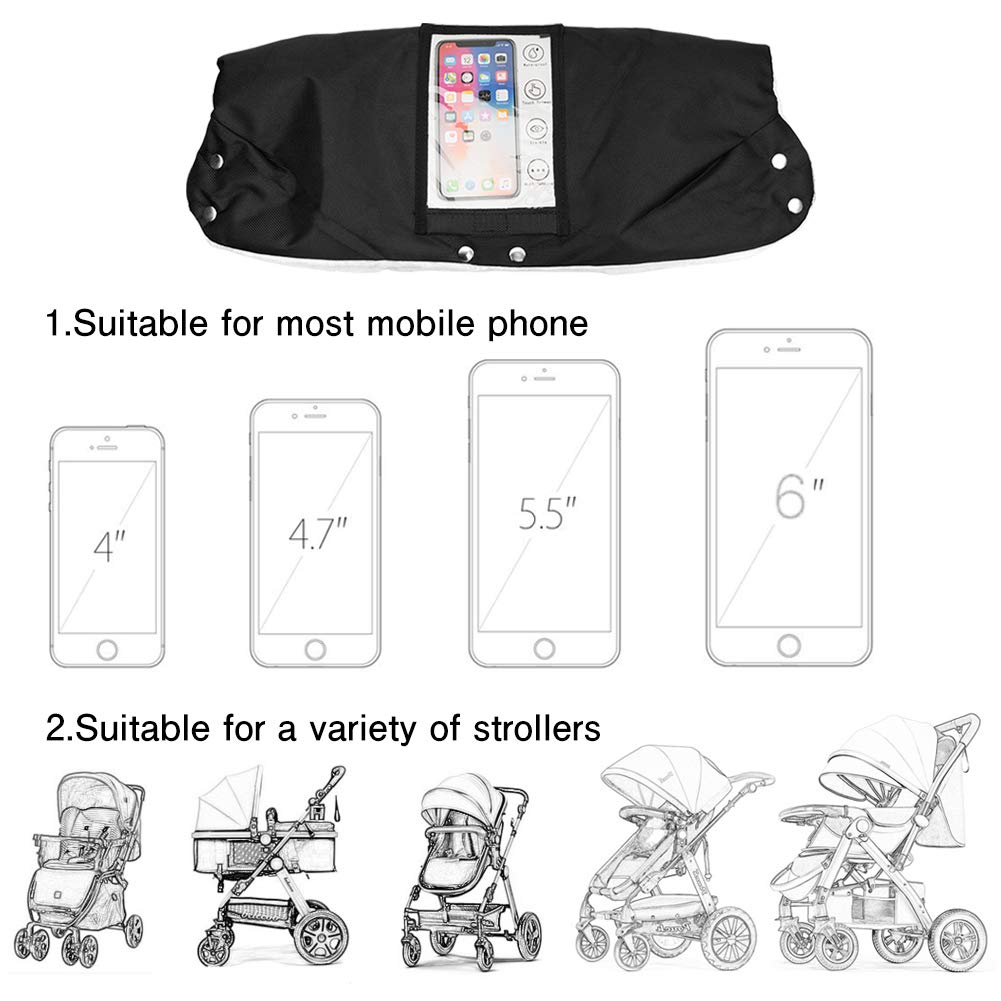 COCODE Pram Hand Muff,Baby Pushchair Fleece Hand Gloves Stroller Hand Muff Hand Warmer Windproof Thickening Anti-Freeze Gloves Universal Pram Accessory with Touch Screen Phone Bag