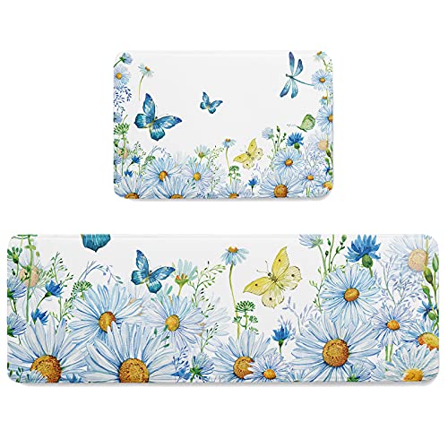 2 Pieces Kitchen Rugs Set Pastoral Butterfly Dragonfly Daisy Flower,Water Absorbent Soft Doormat Anti Fatigue Mat Blue Gradient Art,Non-Slip Rug Cushion Standing Mats for Bathroom Bedroom Entryway