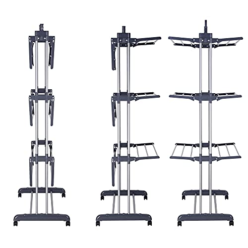 Aquaterior Folding 3 Tier Clothes Drying Rack Rolling Collapsible Garment Laundry Dryer Hanger Stand Rail Indoor Dark Grey