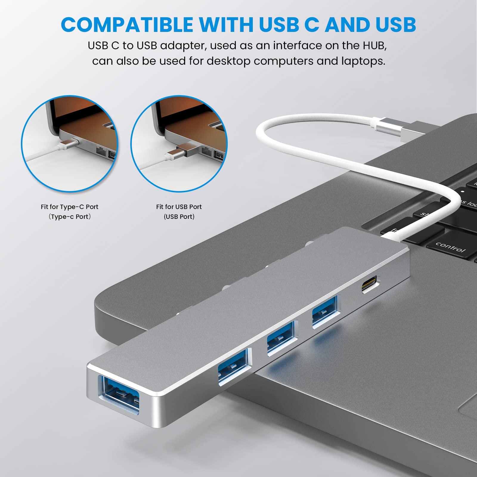 3.0 USB C Hub, Slim Aluminium Alloy High-Speed External USB Port with USB-C to USB Adapter, USB Extender Splitter Compatible with Computer, Mac, PCs, Smartphone, and Tablet