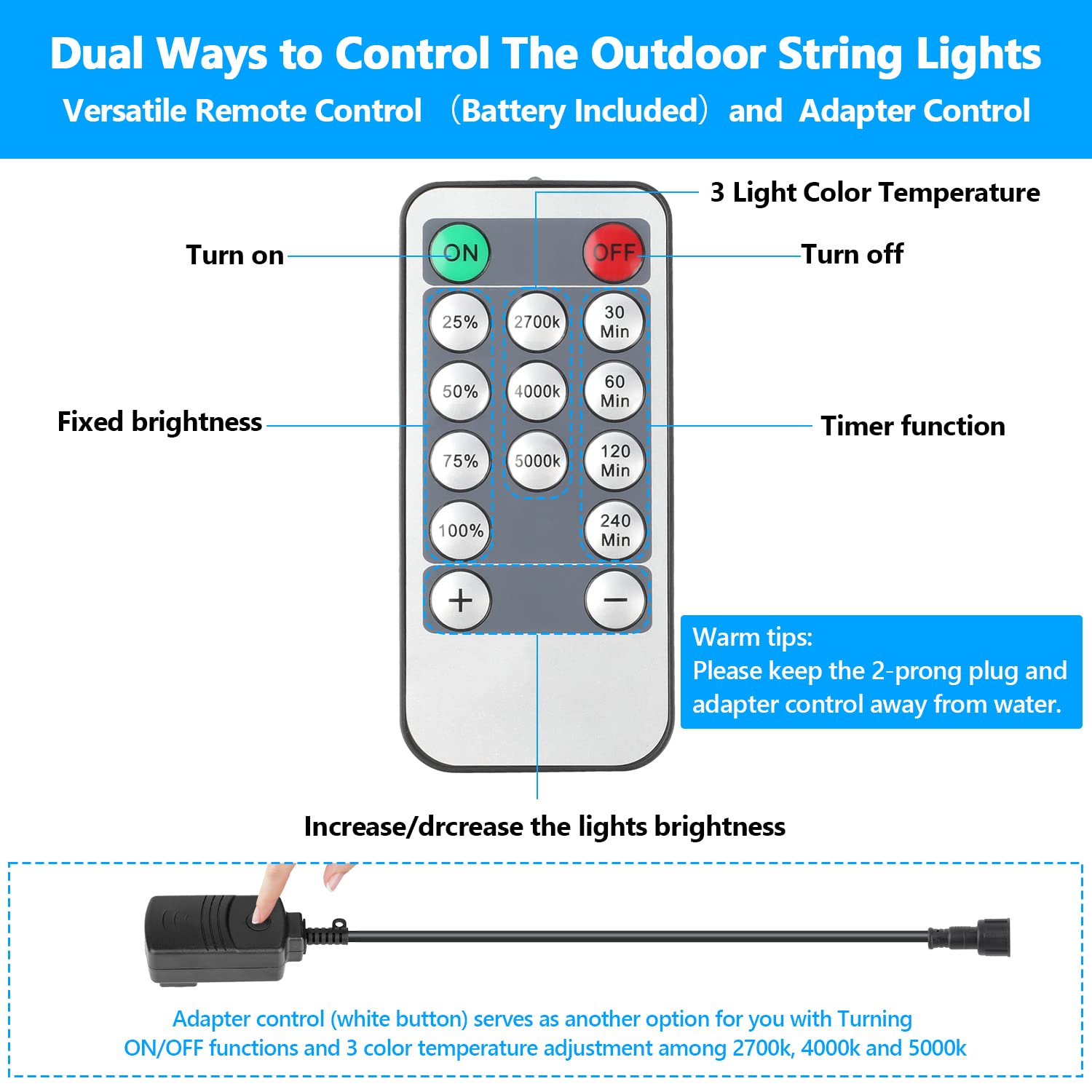 3 Color Dimmable LED Outdoor String Lights with Remotes, 48FT Waterproof Patio Hanging Lights with Shatterproof E26 S14 LED Bulbs for Bistro CafeĀ Pergola Party, Warm White/Nature White/Daylight White