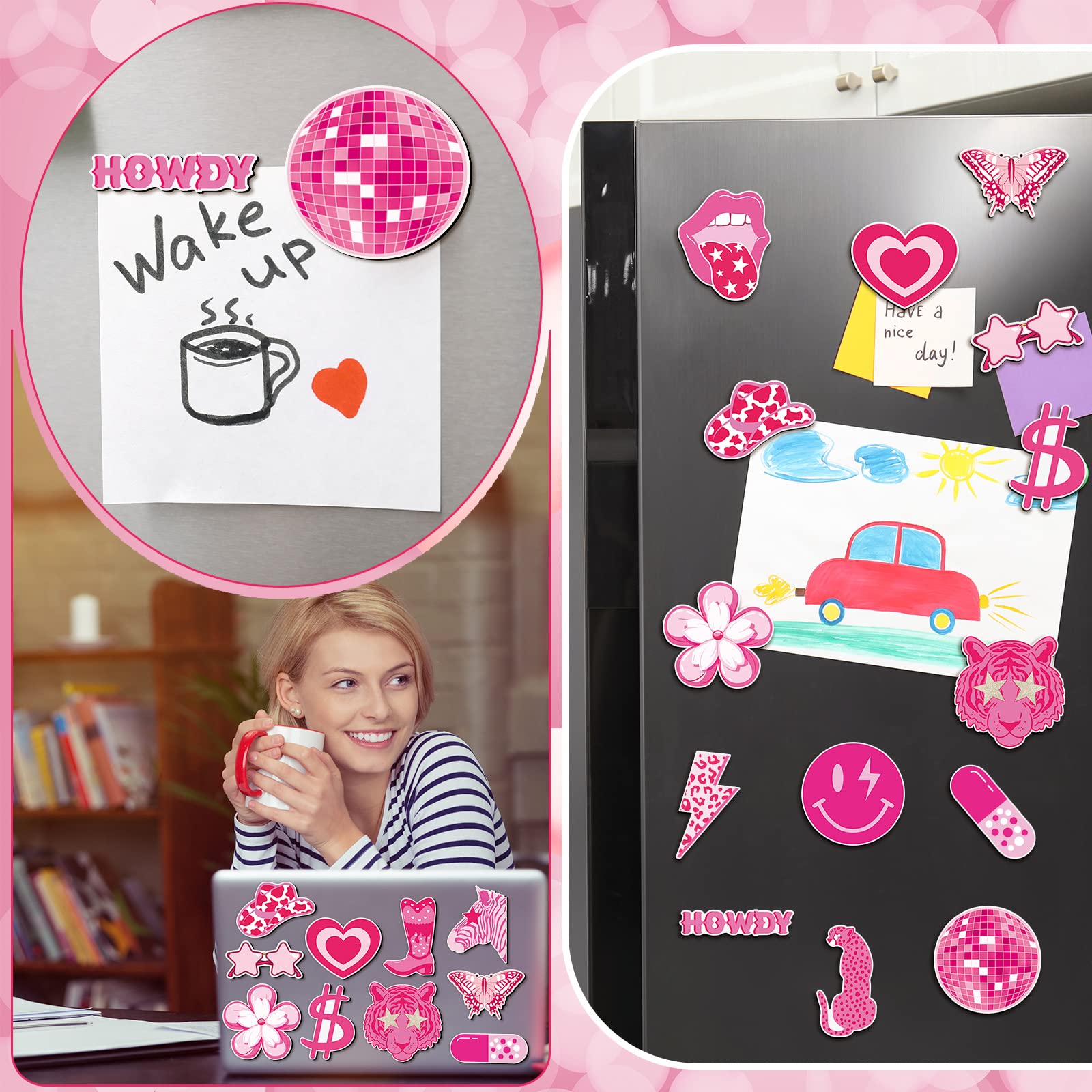 16pcs Pink Preppy Refrigerator Magnets Women Fridge Magnets Cute Magnetic Pink Locker Accessories Preppy Locker Decor Boho Locker Decoration Smiling Face Leopard Decorative Magnets for Girls Kitchen