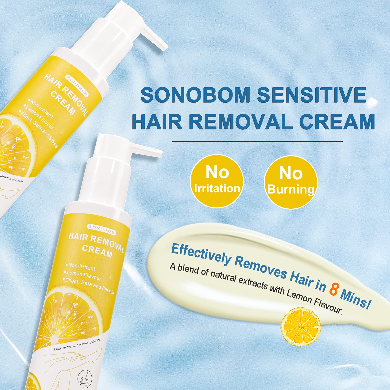 Sonobom Hair Removal Cream, Lemon Flavor, Painless, Non-Irritant for Sensitive Skin, 5.07 Fl oz, For Intimate Area, Arms, Legs, Underarms, Chest, Dermatologically Tested, Unisex
