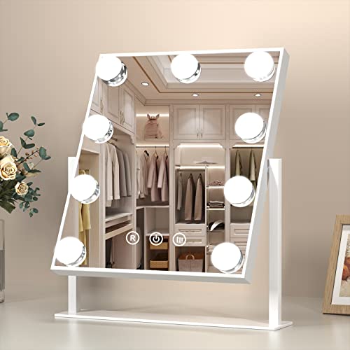 COSMIRROR Tabletop Mount Hollywood Makeup Vanity Mirror with Lights, Lighted Makeup Mirror with 9 Dimmable Bulbs and 3 Color Lighting Modes, Smart Touch Control, Plug in Light Up Mirror (White)