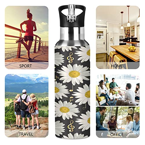 ALAZA Flower Music Note Water Bottle with Straw Lid Vacuum Insulated Stainless Steel Thermo Flask Water Bottle 20oz