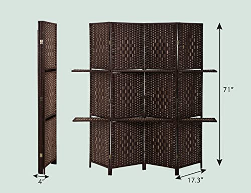 4 Panel Room Dividers and Folding Privacy Screens, 71 Inch High Hand-Woven Design Room Divider Folding Wall Dividers with Shelves, Portable Partition Screen for Room,Freestanding Room Separator, Brown