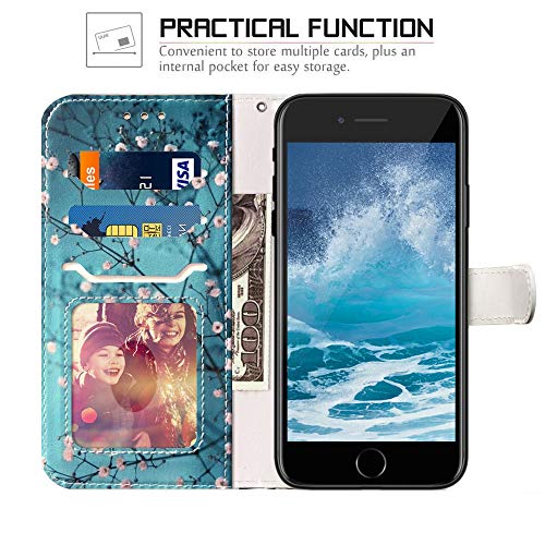 JanCalm for iPhone SE 2022 Case,iPhone 8 Wallet Case,iPhone 7 Case,iPhone SE 2020 Case,iPhone 6/6S Case (Not Plus),PU Leather [Wrist Strap] [Card Holder/Cash Slots] Stand Flip Cover (Plum Blossom)