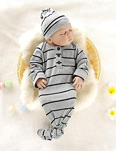 COLOOM Infant Baby Gown Newborn Knotted Sleeper Striped Sleep Gowns Swaddle & Cap (Grey Stripes, 0-6Months)