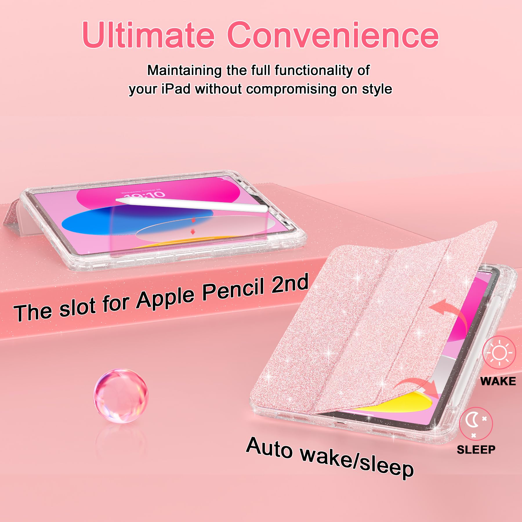 iPad Air 11 Inch Case 2024, iPad Air 5th/4th Gen Case 2022/2020 10.9 Inch with Pencil Holder, Auto Wake/Sleep, Sparkly Glitter Trifold Stand Leather Cover with Shiny Clear TPU Back, Rose Gold