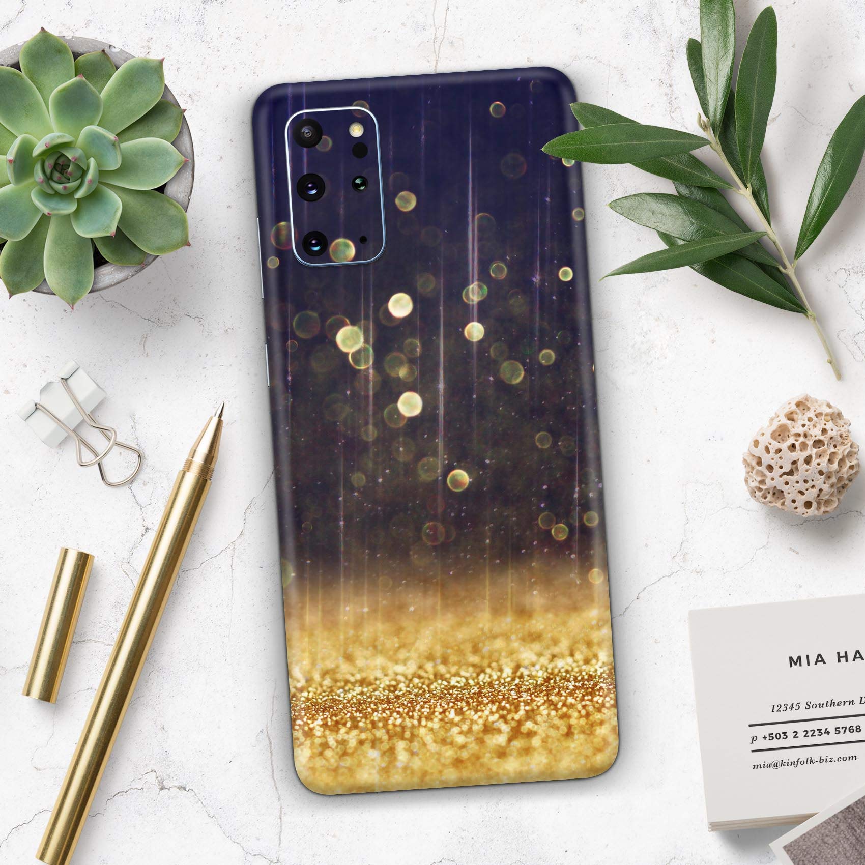 DesignSkinz Raining Gold and Purple Sparkle Protective Vinyl Decal Wrap Skin Cover Compatible with The Samsung Galaxy S20 (Screen Trim & Back Glass Skin)