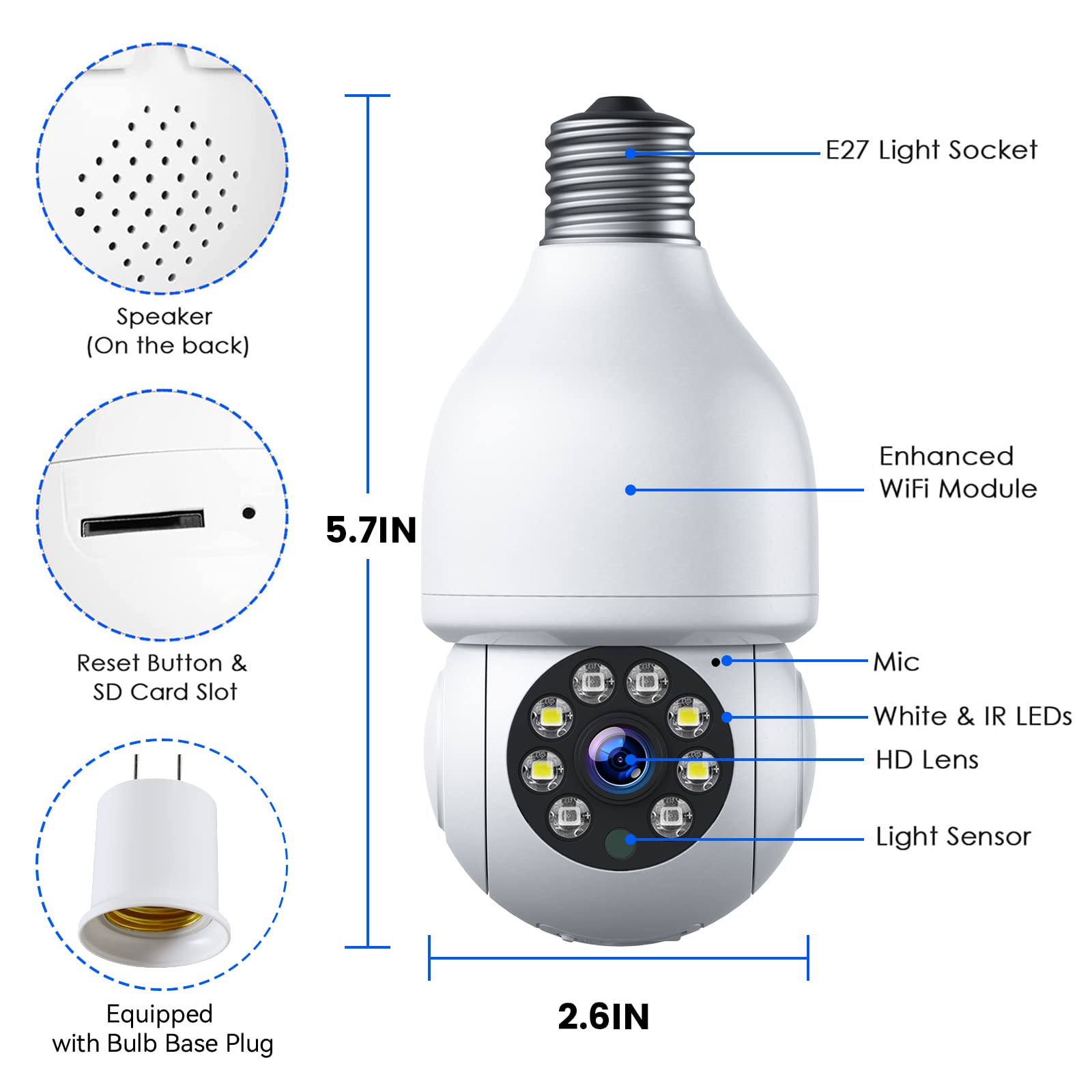 2.4GHz WiFi Light Bulb Security Camera,1080P Light Socket Camera, Outdoor Indoor Wireless Security Camera,Full Color Night Vision, TwoWay Dialogue,Motion Tracking,Alexa Support