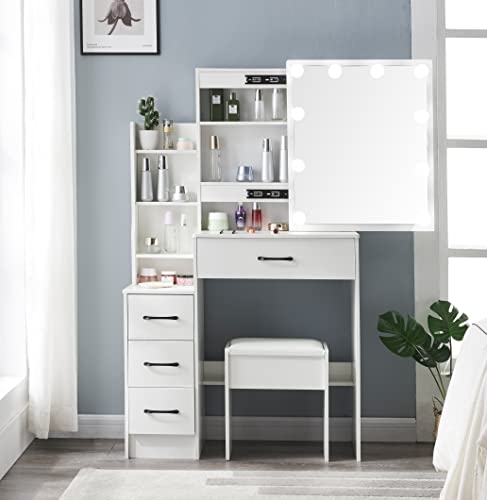 Abesthink Makeup Vanity with Ligjhts Mirror and Charging Station,White Vanity Makeup Desk with Lights and Storage Drawers,Lighted Vanity Set Dressing Table with Stool for Girls