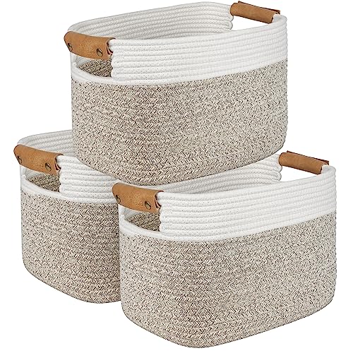 AivaToba Cotton Rope Baskets, 3-Pack Rope Storage Baskets for Organizing, 15”x10”x9.5” Woven Baby Baskets with Handles, Decorative Storage Baskets for Living Room, Toy Storage Baskets for Shelves