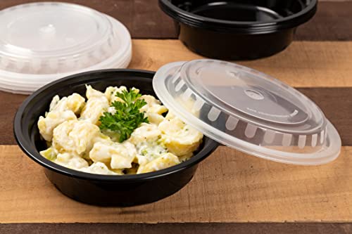AmerCare 6 Inch Round Black Plastic Containers with Lids, 16 Ounces for Microwave or Freezer, Pack of 150
