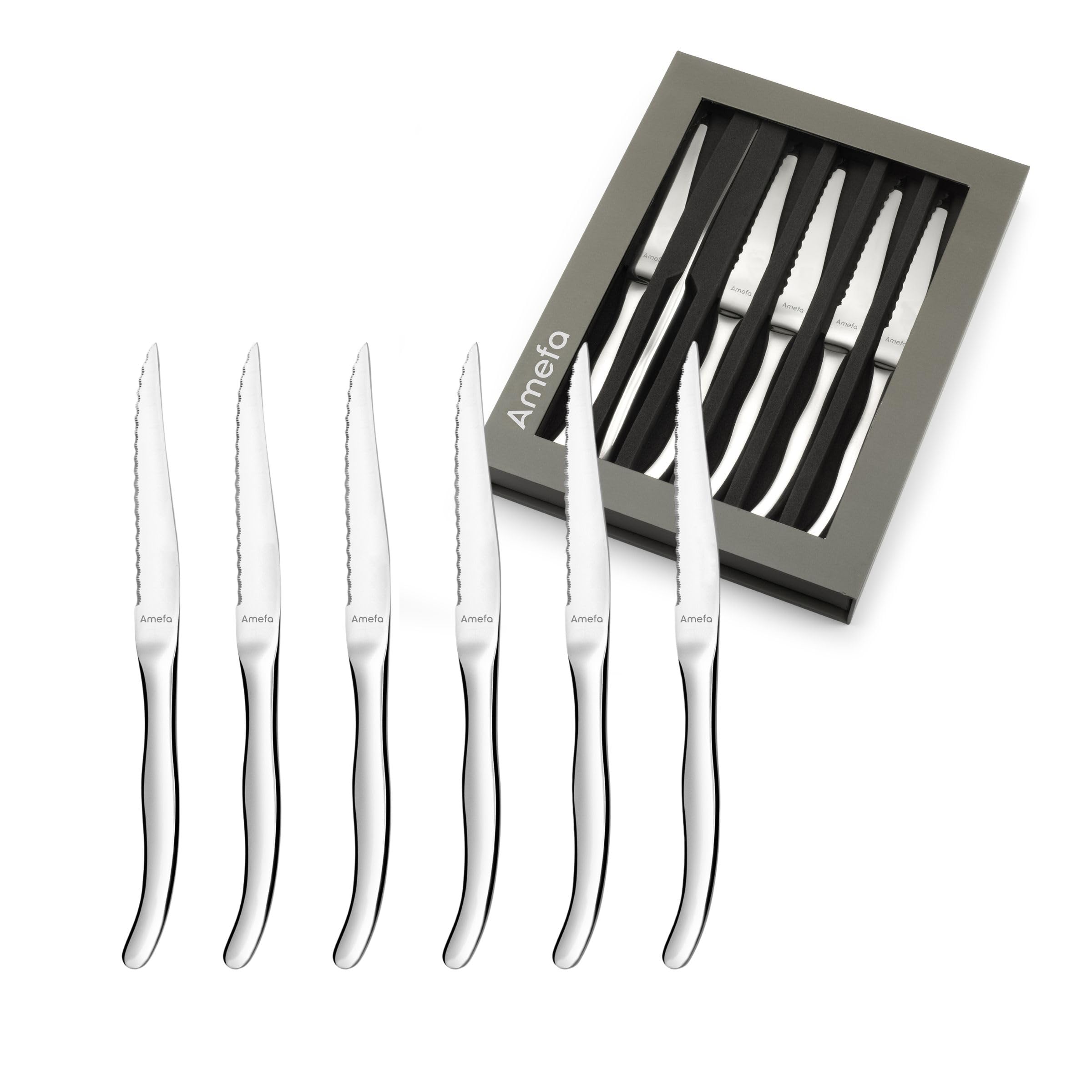 Amefa 6-Piece Virgule Mirror Steak Knife Set, Silver