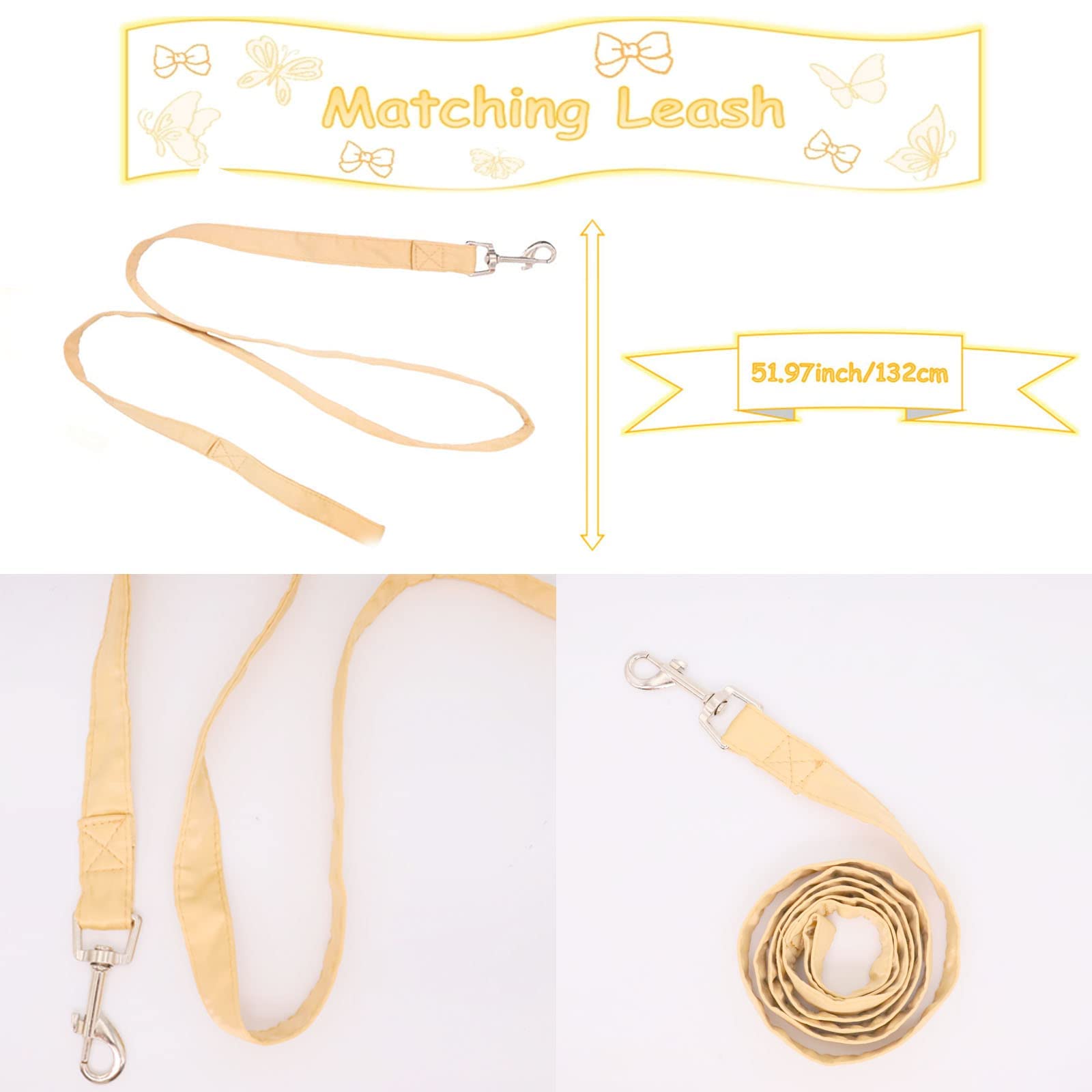 Albrost Dog Dress Harness Vest with Matching Leash, Golden Bow-Knot Puppy Dresses D Ring, Cute Leash Set, Princess Multi-Layer Pleated Skirt Pet for Small Cat (Medium), Golden,Gold,White