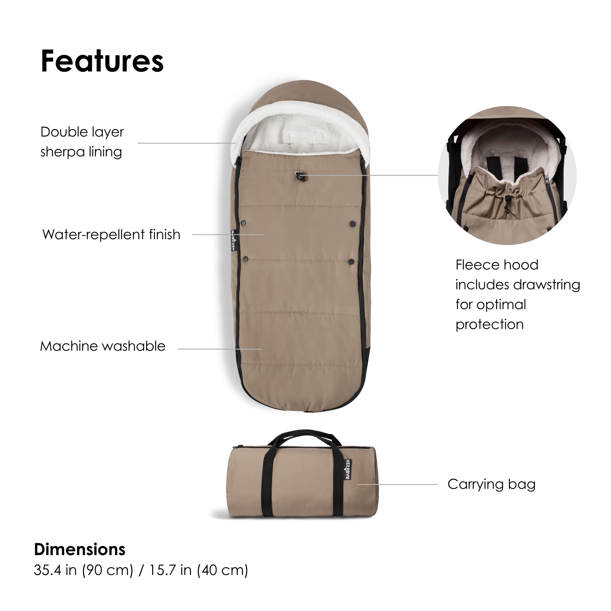 BABYZEN YOYO Footmuff, Taupe - Sherpa Lining & Fleece Hood with Drawstring to Keep Baby Warm - Includes Carrying Bag - Machine Washable