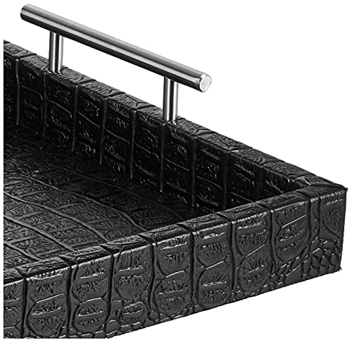 American Atelier Alligator Leather Serving Tray with Metal Handles, Black Large