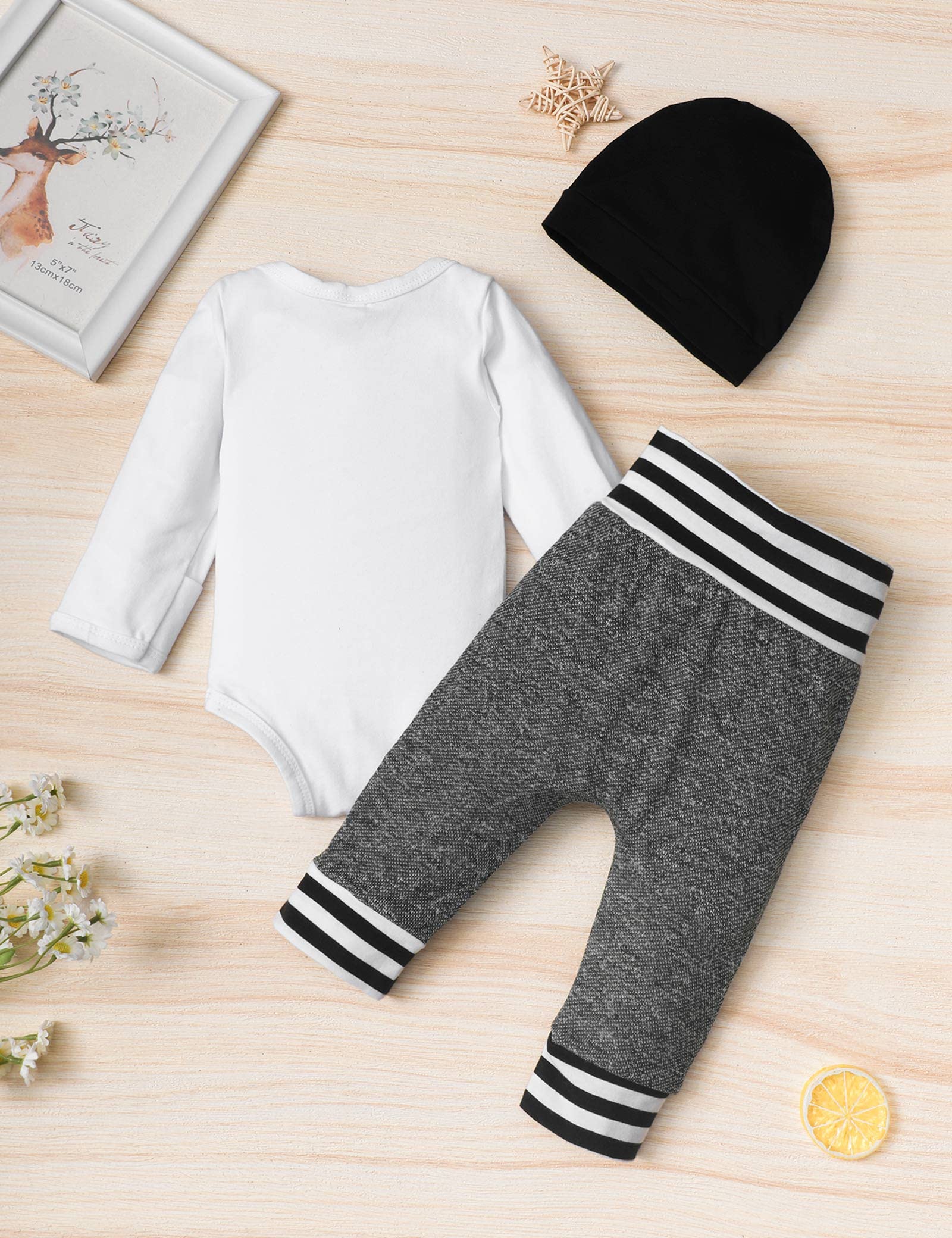 Baby Boy Clothes 0-3 Months Baby Clothes Boy New to The Crew Print Romper Pants Hat 3PCS Baby Boy Outfits White
