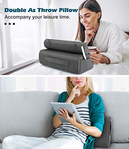 MoKo Tablet Pillow Holder, Foldable Soft Pillow Tablet Stand Up to 12.9", Sofa Throw Pillow for Xmas Gift, eReader, Fit with iPad 9 2021, iPad Mini 6, iPad Pro 12.9/11 2022,Galaxy Tab S7, Dark Gray