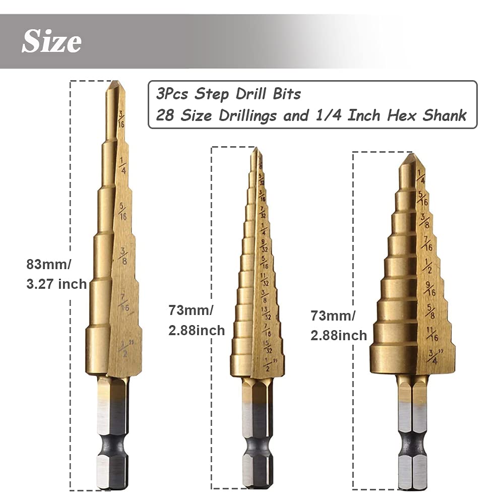 Mesee 3 Pcs Step Drill Bit Set, High-Speed HSS Steel Step Cone Drill Bits 1/4 Inch Hex Shank Step Drill Titanium Coated Hole Drilling Cutter Tool for Wood Plastic Sheet Metal