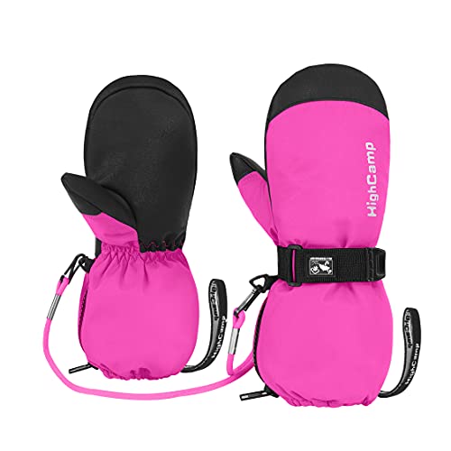 HIGHCAMP Kids Ski Mittens Waterproof Winter Snow Gloves with Zipper and String on Long Cuff for Toddler Boys Girls -Rosa,M (6-8 Y)