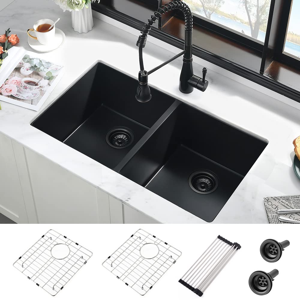 32 Inch Black Kitchen Sink Undermount-iAnomla 32x18 Inch Double Bowl Kitchen Sink 50/50 Black Quartz Composite Undermount Kitchen Sink