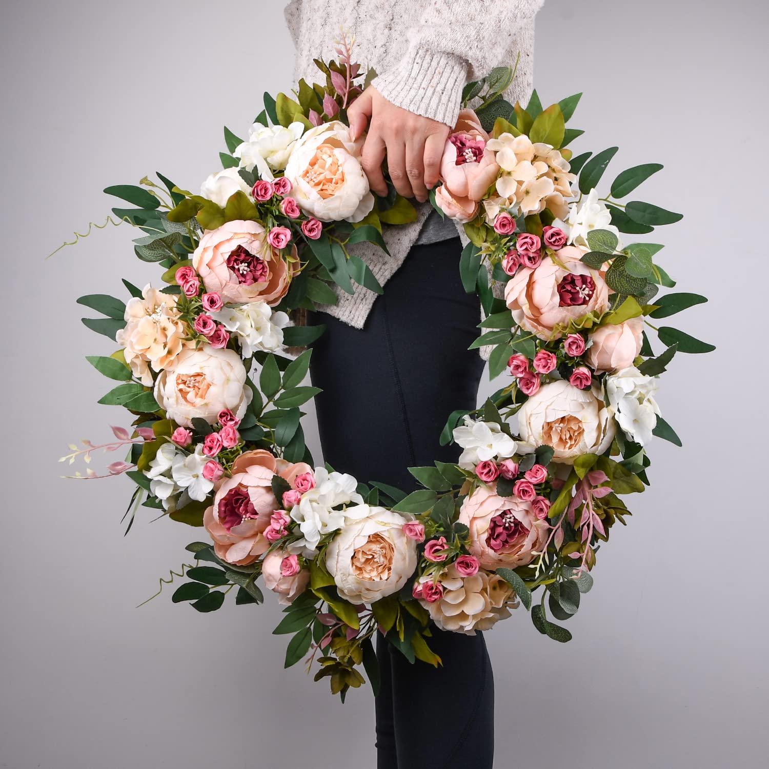 22inch Peony Wreath, Bouquet Wreath Spring Summer Fall Wreath Dotted with Eucalyptus Layered Roses Dahlias Hydrangeas Antler Grass and Small Fruit Artificial Wreaths for Front Door Indoor Wreaths