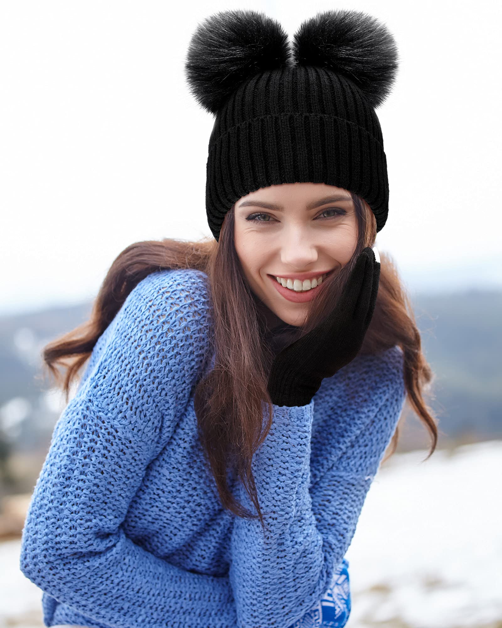 2 Pieces Satin Lined Winter Hats Women Pom Beanies Winter Knitted Pom Hat Touchscreen Gloves Set for Women Girls