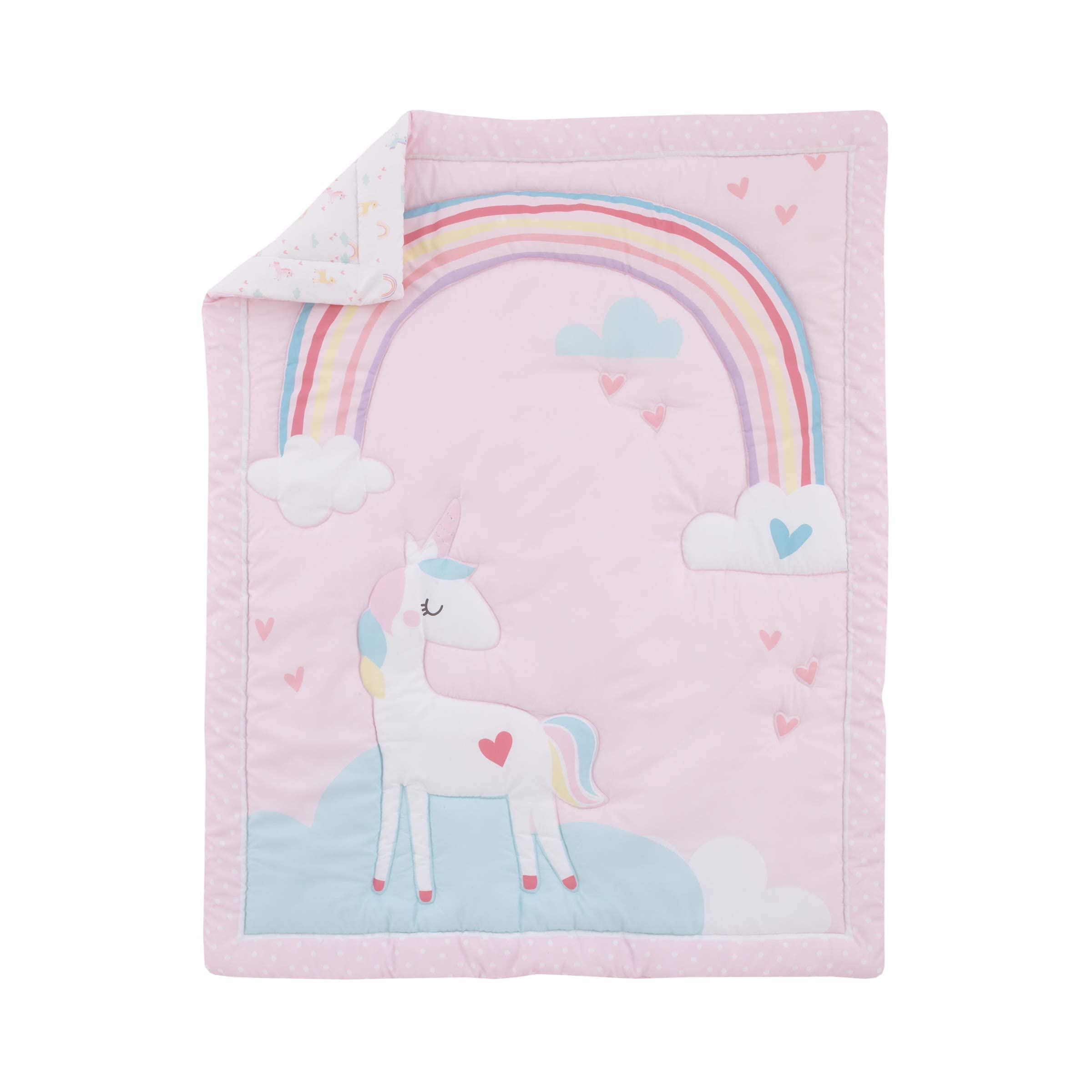 Little Love by NoJo Rainbow Unicorn Pink, Aqua, Yellow and White 3 Piece Mini Crib Bedding Set - Comforter and 2 Fitted Mini Crib Sheets
