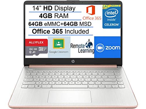 HP 2021 Newest Stream 14" HD SVA Laptop Computer, Intel Celeron N4000 Processor, 4GB RAM, 128GB Space(64GB eMMC+64GB MSD), Office 365, HDMI, USB-C, Windows 10, Rose Gold, AllyFlex MP, Online Class