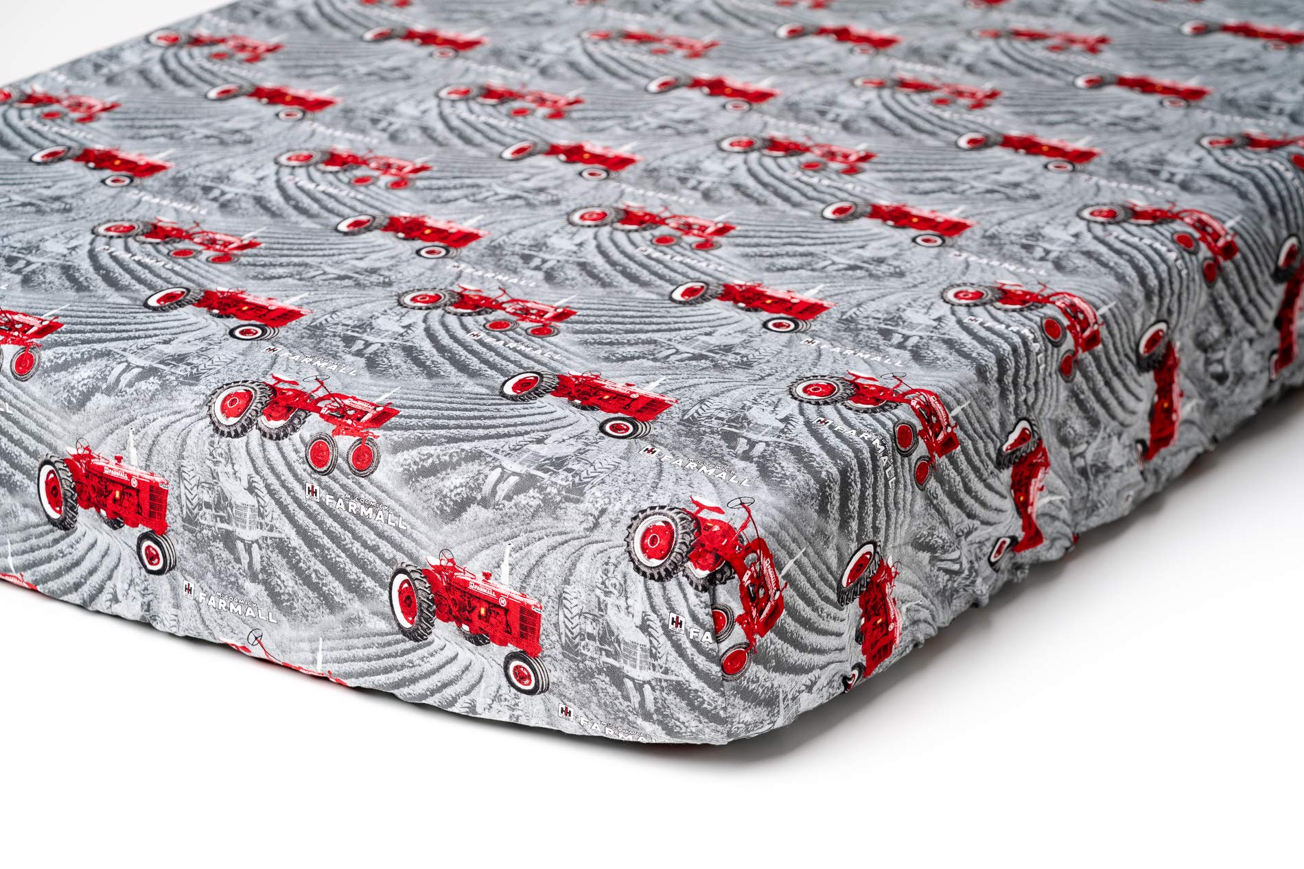 J&D Productions, Inc. Farmall IH Tractor Crib Sheet, Gray with Red Tractors