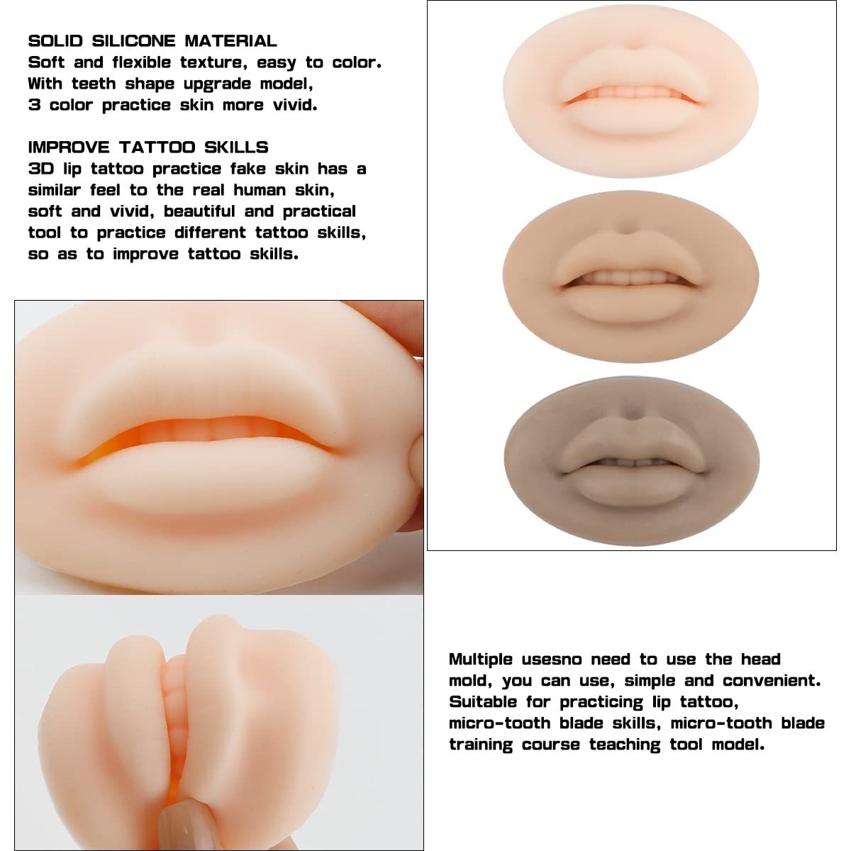3pcs Tattoo Practice Lips, 3D Practice Silicone Lips Fake Skin Makeup Tattoo Practice Lips for Tattooing Artists and Beginners