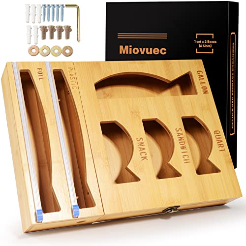 6 Slots Bamboo Wall mountable Ziplock Bag Storage Organizer and Foil & Plastic Wrap Dispenser with Cutter, for Kitchen Drawer, Counter Top, Pantry, Compatible with Gallon, Quart, Sandwich, Snack Bag