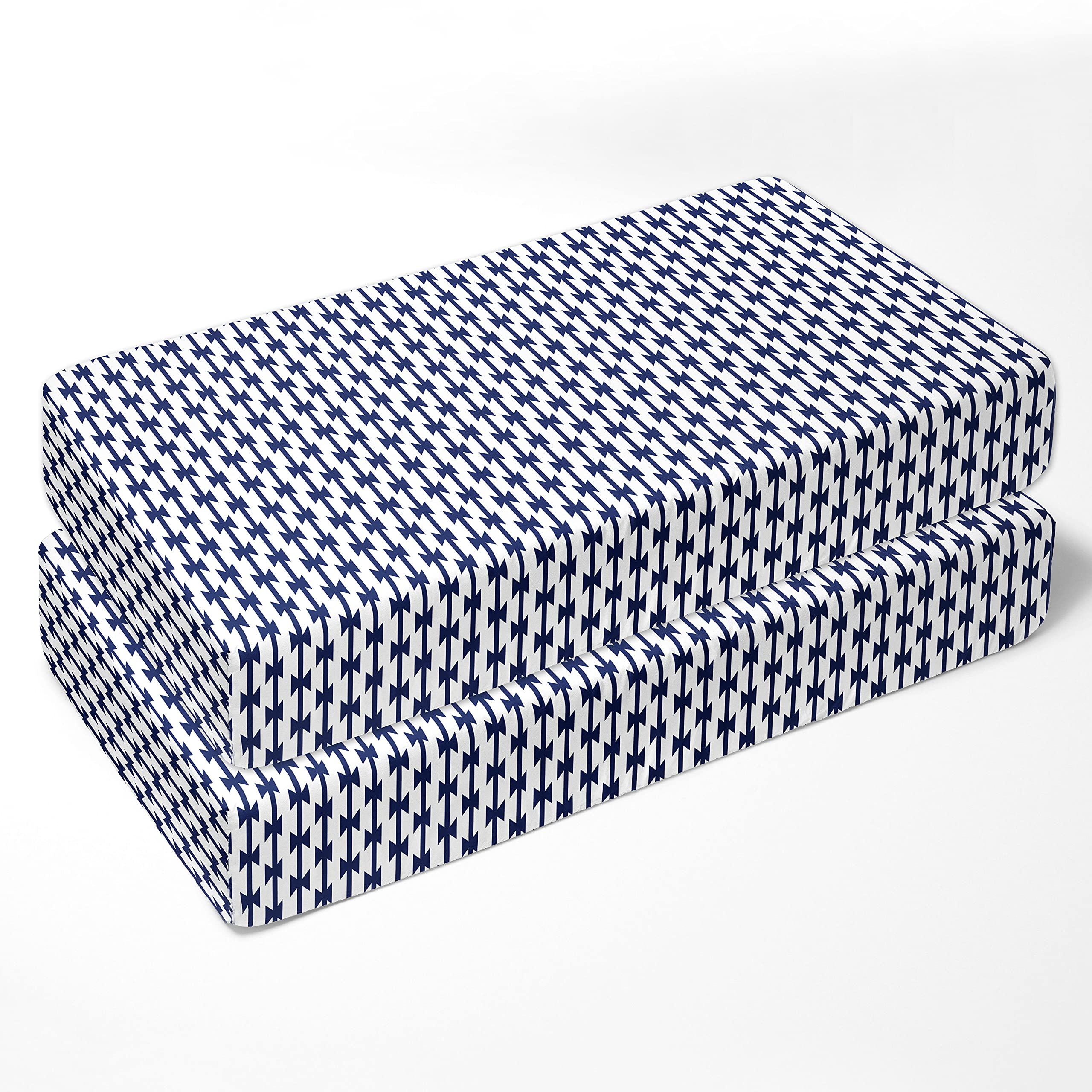 Bacati - 2 Pack Aztec Kilim Printed Neutral 100% Cotton Universal Baby US Standard Crib or Toddler Bed Fitted Sheets (Navy)
