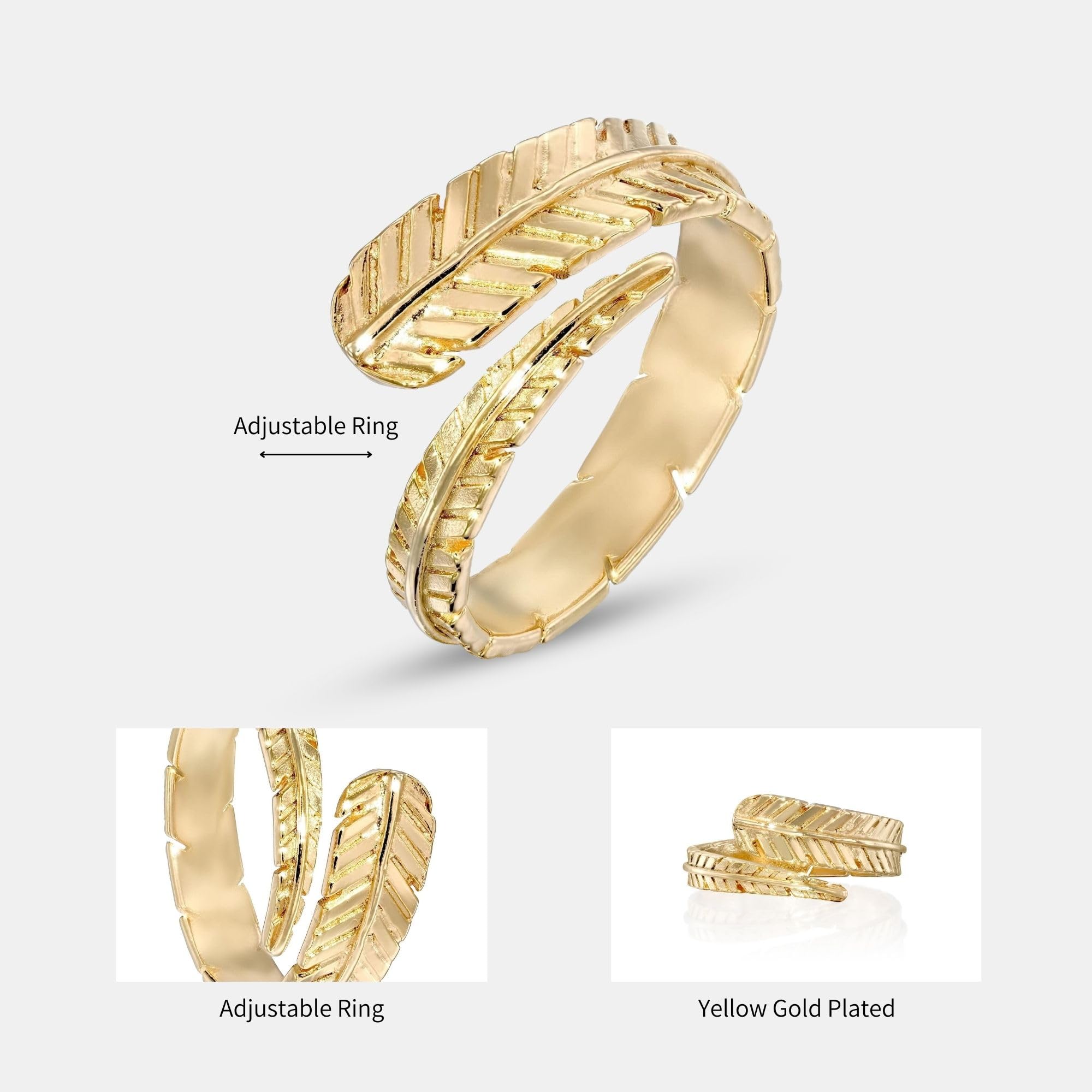 Adjustable Feather Ring - 14K Gold Plated over 925 Sterling Silver Customizable Open Ended Spiral Ring, Dainty Flexible Feather Ring, Wrap and Fit to Every Finger, Handmade Jewelry Rings for Women