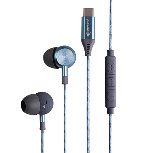 BoomPods Digibuds USB-C Headphones - Best in-Ear Digital Earbuds with USBC Type Connector, Fabric Braided Cable, Sweatproof, Wired Inline Controls for Seamless Entertainment (Ice Blue)