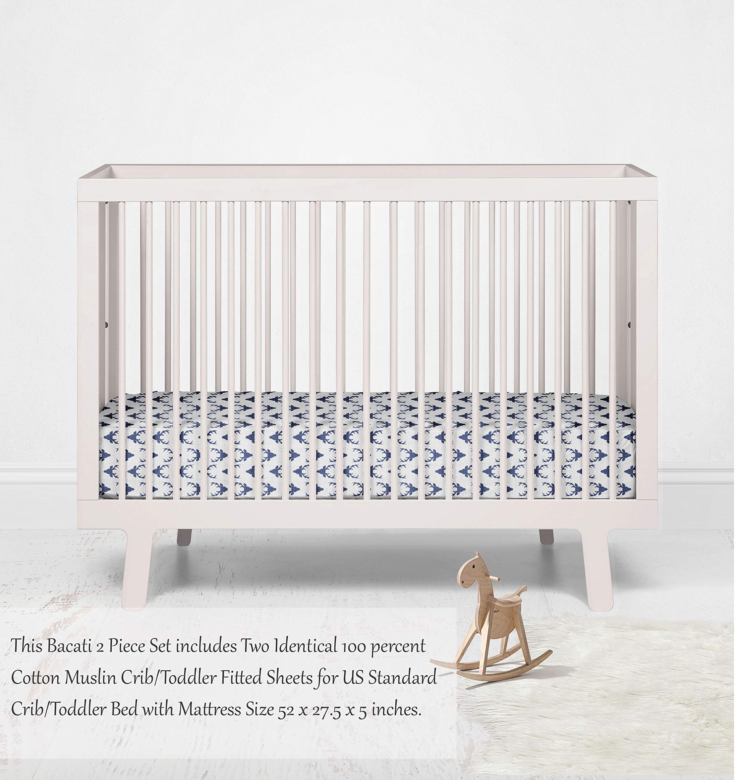 Bacati - 2 Pack Tribal/Aztec/Triangles Silky Soft Breathable 100% Cotton Muslin Baby Crib Fitted Sheets - Fits Standard 28 x 52 x 5 Crib & Toddler Mattresses (Navy Bucks)