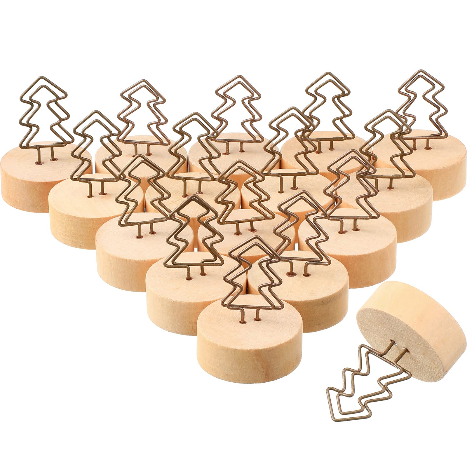 50 Pcs Christmas Wood Place Card Holders Wooden Base with Christmas Tree Rustic Iron Wire Clip Wooden Table Memo Photo Picture Number Sign Stands Holder for Party Xmas Wedding Table Decor