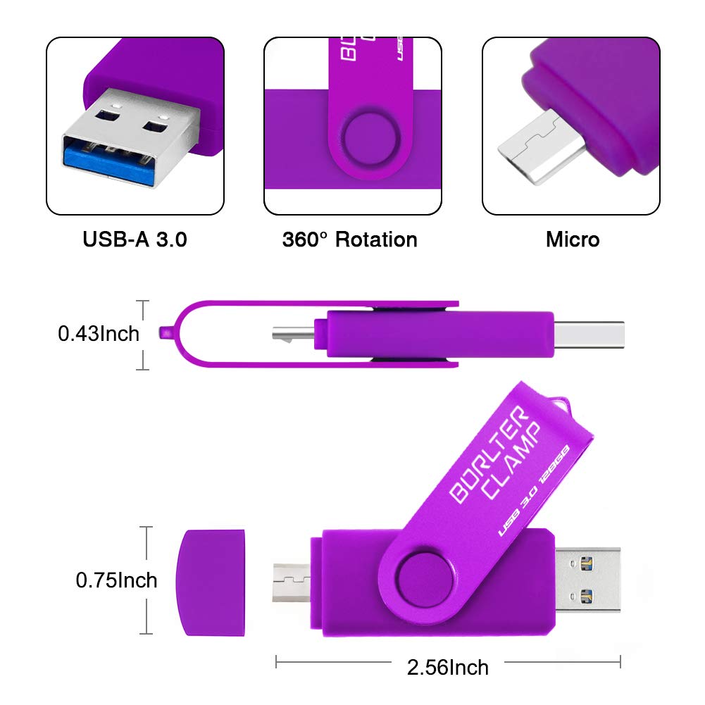BorlterClamp 128GB USB 3.0 Flash Drive Dual Port Memory Stick, OTG Thumb Drive with Micro USB Drive Port for Android Smartphone Tablet & Computer (Purple)