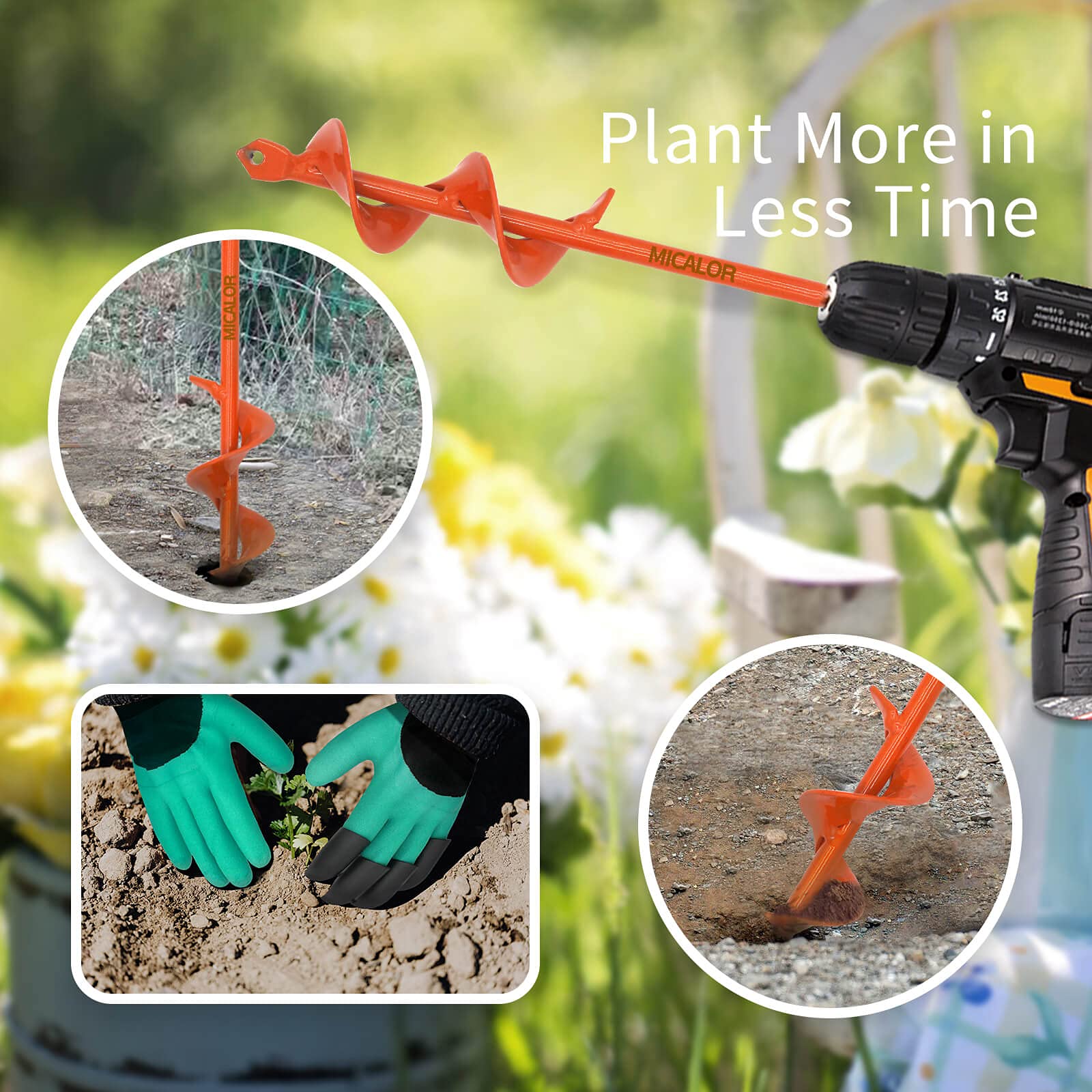 MICALOR Auger Drill Bit for Planting Set of 4, Garden Ground Earth Spiral Drill Bit for 3/8" Hex Drive Drill, Easy Bulb Auger for Post Hole Digger Flowers