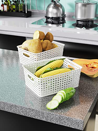 Woven Plastic Storage Basket, 6 Pack White Weave Bins Organizer, 10.1" x 7.55" x 4.1"