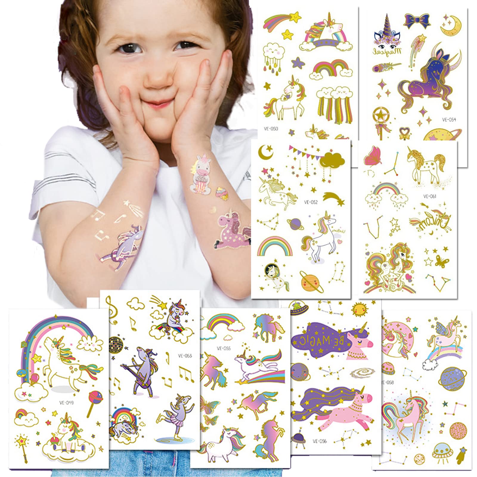 Ooopsiun Glitter Temporary Tattoos for Girls, 9 Sheets Gold Birthday Party Supplies Decorations for Kids, Fake Tattoos Stickers