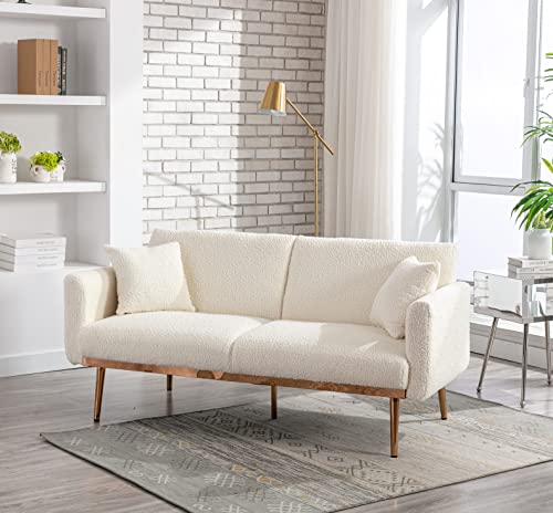 Antetek Futon Sofa Bed with 3 Adjustable Positions, Small Sleeper Sofa Loveseat with 2 Decorative Pillows, Modern Upholstered Convertible Couch with 5 Metal Tapered Legs, White Teddy