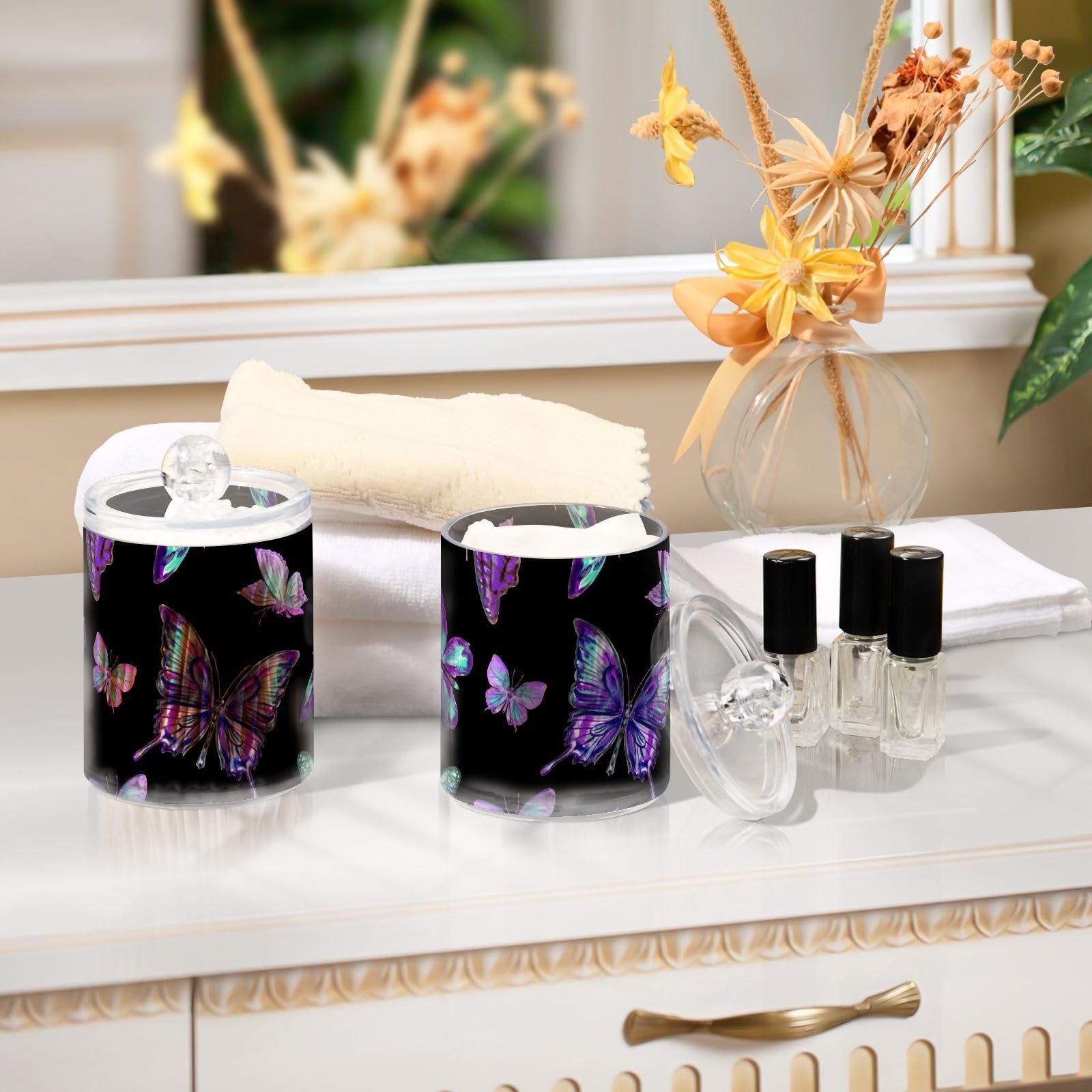 2 Pack Qtip Holder Dispenser for Cotton Ball Purple Butterfly Animal Cotton Swab Cotton Round Pads Clear Plastic Acrylic Jar Set Bathroom Canister